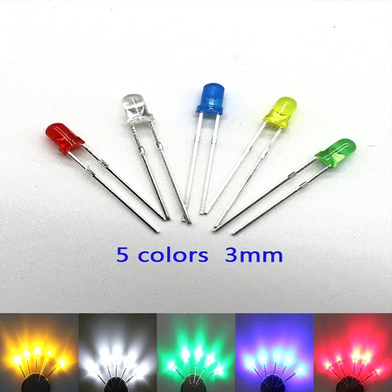 100 Diodos Led 3mm, Rojo, Verde, Azul, Blanco y Amarillo - Tienda8