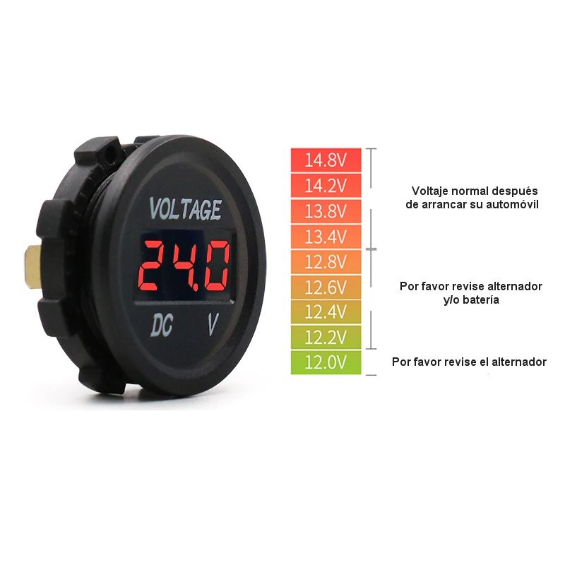 Voltimetro Para Automóvil Redondo y Plano, Rango 5 a 48Vdc - Tienda8