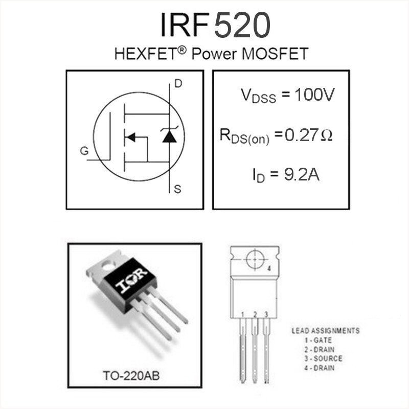 Transistor Mosfet IRF520, Canal N, 100V, 9A, TO-220 - Tienda8
