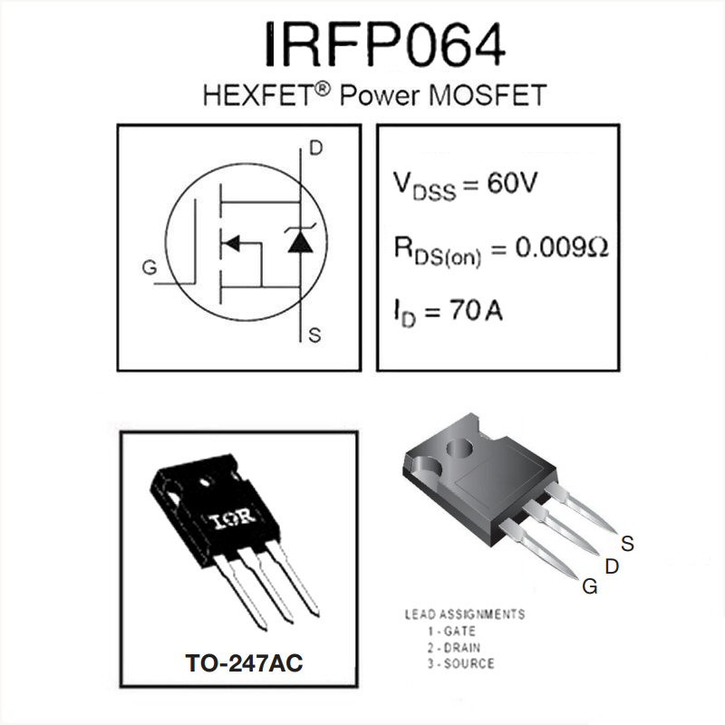 Transistor Mosfet de Potencia IRFP064, 70A, 150W, Canal N, TO-247 - Tienda8